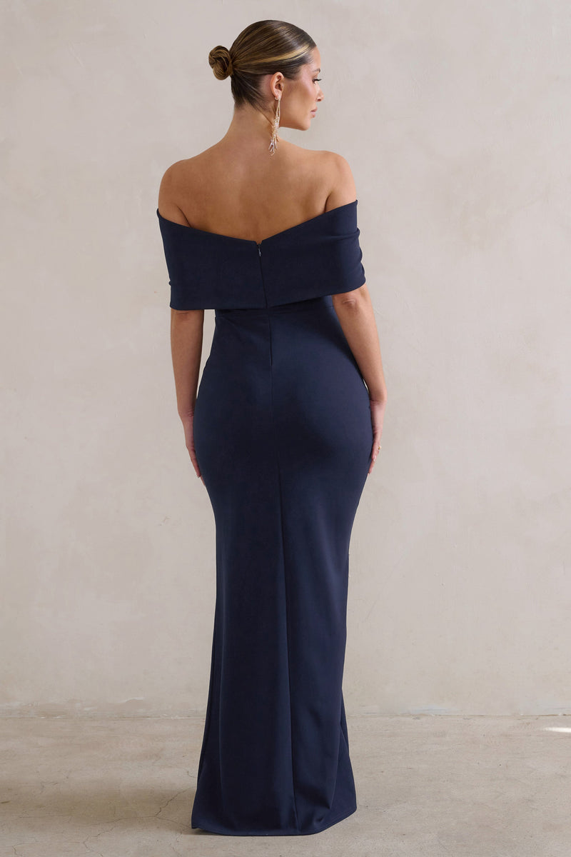 Eva Navy Bardot Bow Detail Maxi Dress With Thigh Split – Club L London - AUS