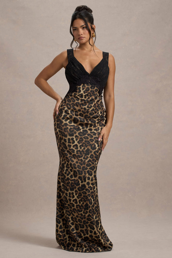 Sahara Leopard Print Satin V-Neck Maxi Dress With Black Lace Trim ...