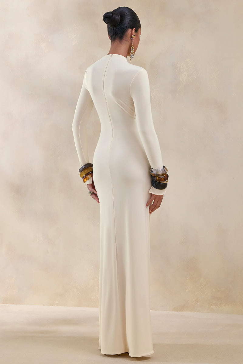 Karessa Cream High-Neck Maxi Dress With Gathered Detailing And Front ...