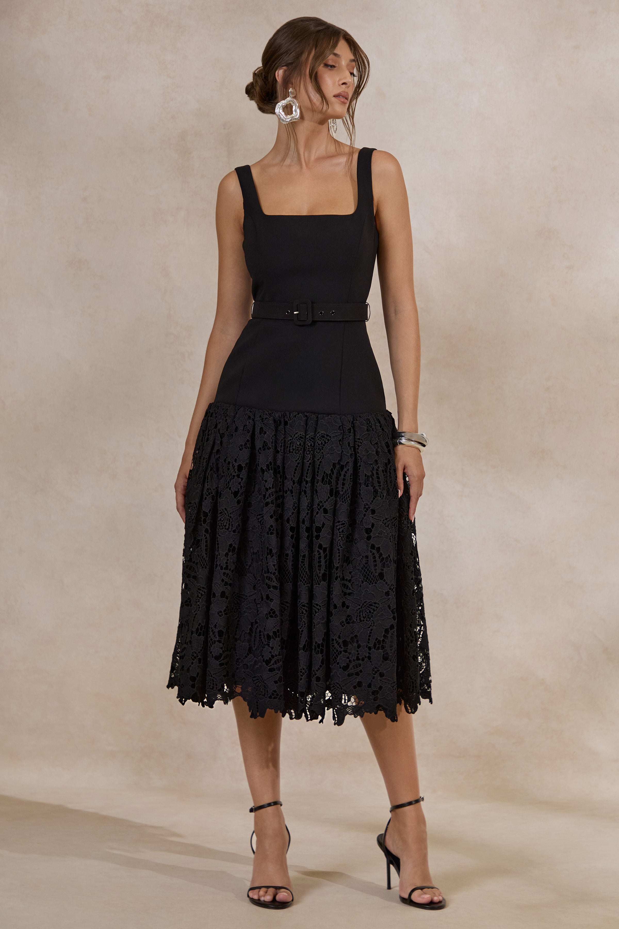 Norrie | Black Square-Neck Midi Dress With Voluminous Lace Skirt – Club ...