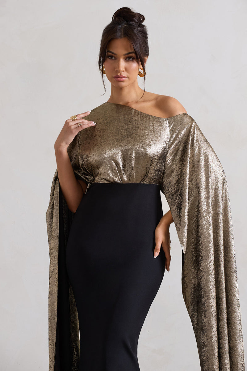 Alura Black & Gold Metallic One Shoulder Cape Maxi Dress – Club L ...