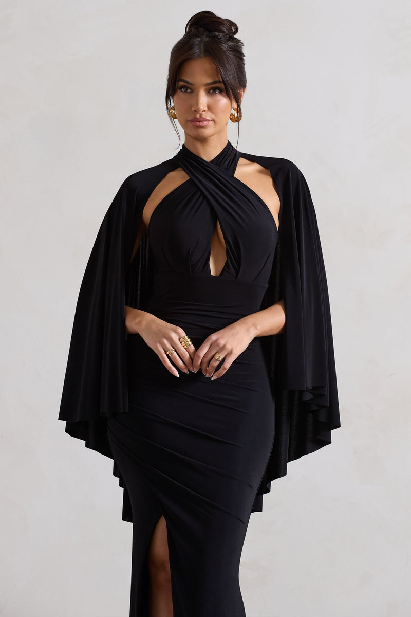 Audrina Black Ruched Halter-Neck Split Maxi Dress With Cape – Club L ...