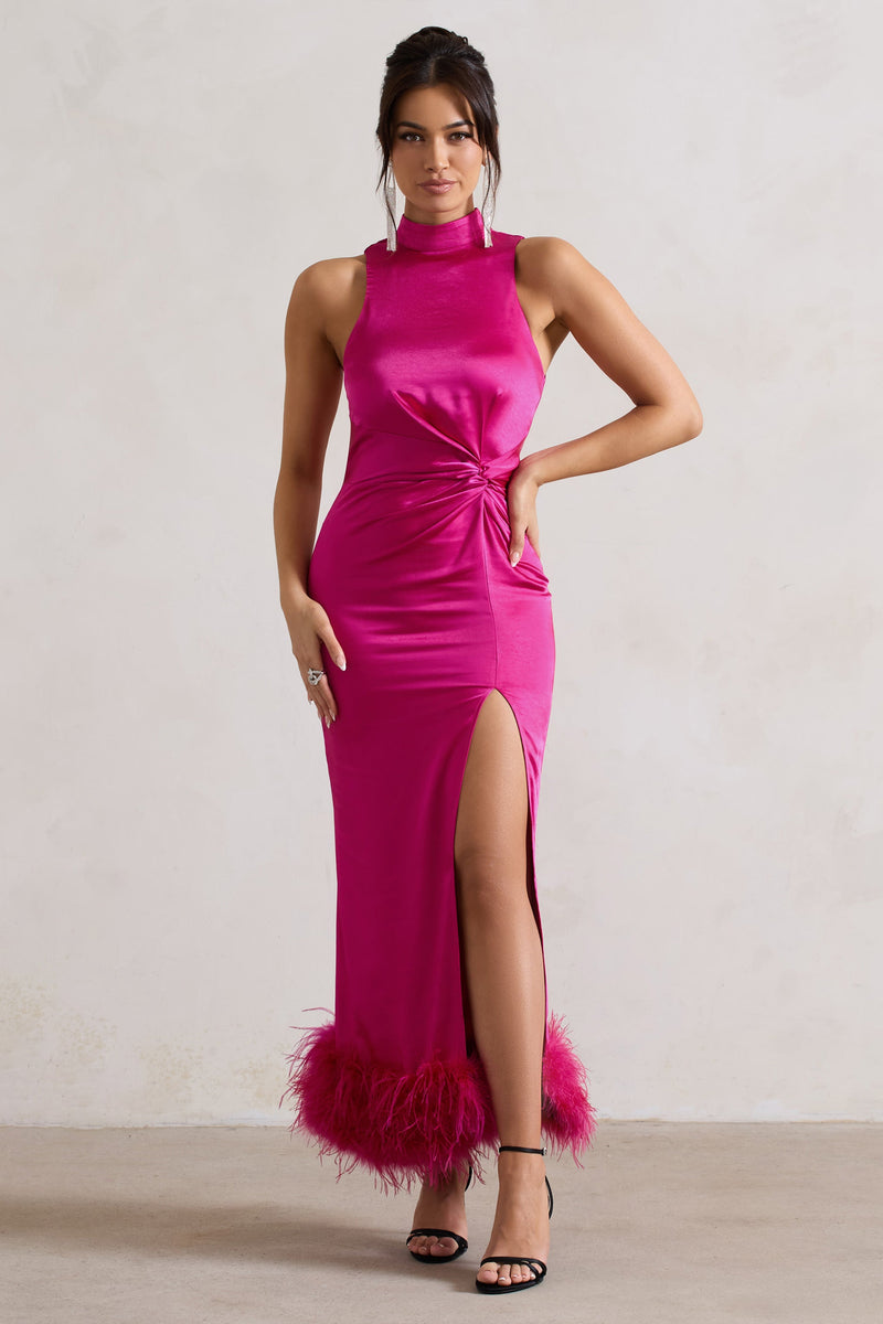 Zoe Dark Pink Satin Twist Split Maxi Dress With Feather Trim – Club L ...