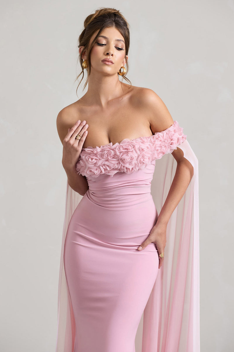 Avant Garde Blush Pink Floral Bardot Fishtail Maxi Dress With Mesh C – Club L London - AUS