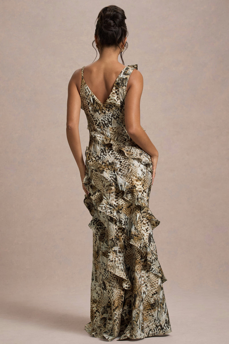 Wispy Snake Print Plunge-Neck Ruffled Maxi Dress – Club L London - AUS