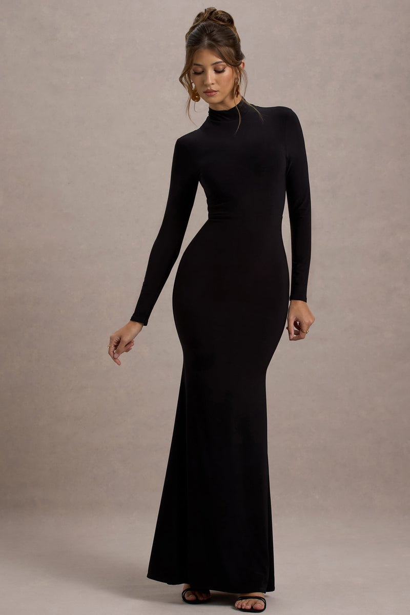 Tova Black High-Neck Long-Sleeve Maxi Dress – Club L London - AUS