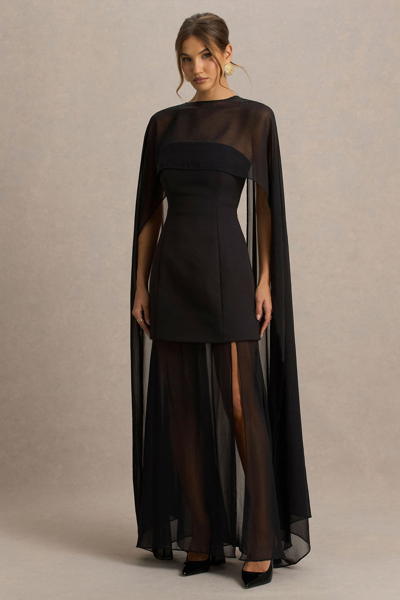 Chessa Black Slashed-Neck Maxi Dress With Sheer Cape – Club L London - AUS