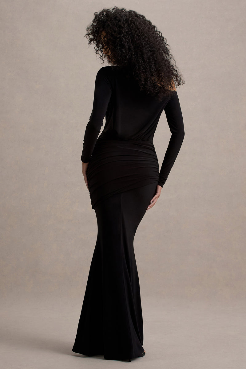 Deanna Black Asymmetric Long-Sleeve Ruched Maxi Dress – Club L London - AUS