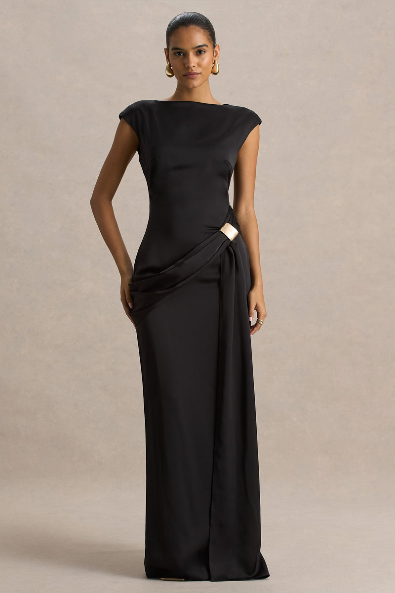 Influence Black Satin Slashed-Neck Maxi Dress With Embellished Detai ...