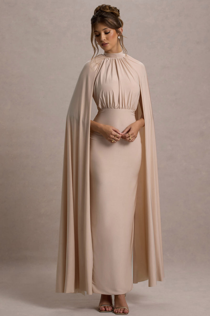 Darielle Champagne High-Neck Cape-Sleeve Maxi Dress – Club L London - AUS
