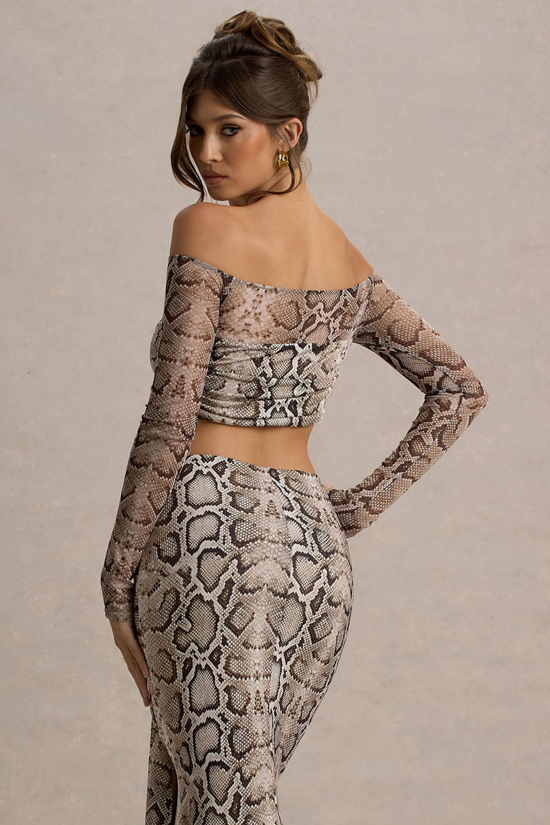 Kelsie Snake Print Mesh Bardot Crop Top – Club L London - AUS