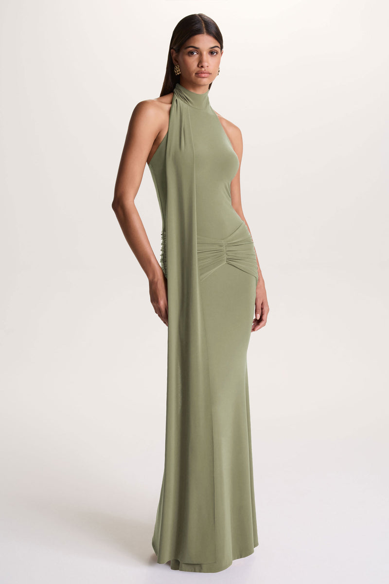 Hyla Green High-Neck Maxi Dress With Sash-Detail – Club L London - AUS