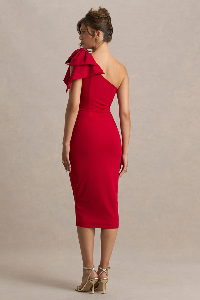 Ambretta Red One-Shoulder Midi Dress With Bow – Club L London - AUS