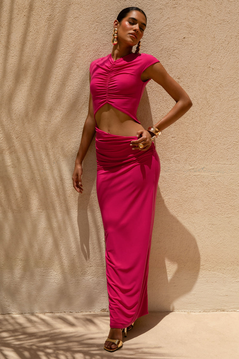 Pia Hot Pink Short-Sleeve Maxi Dress With Cut-Out – Club L London - AUS