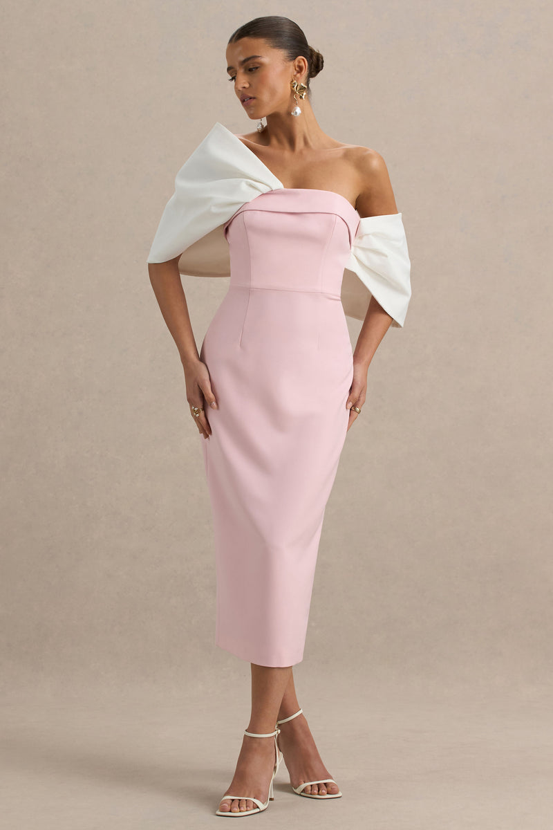 Lucille Rose & Pink Asymmetric Bardot Midi Dress With Bow Detail – Club ...