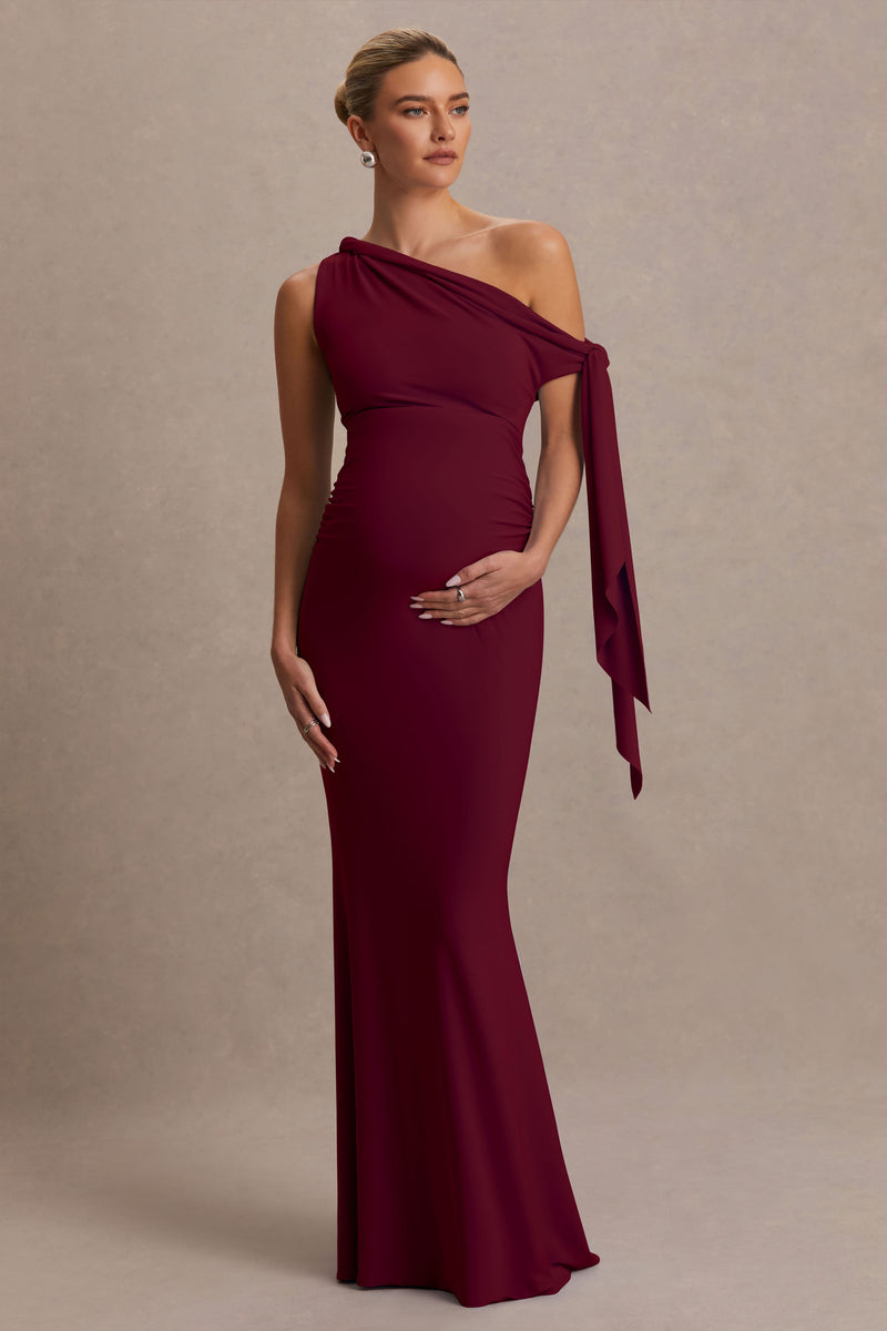 Orielle Burgundy Asymmetric-Neck Maternity Maxi Dress With Knot-Slee ...