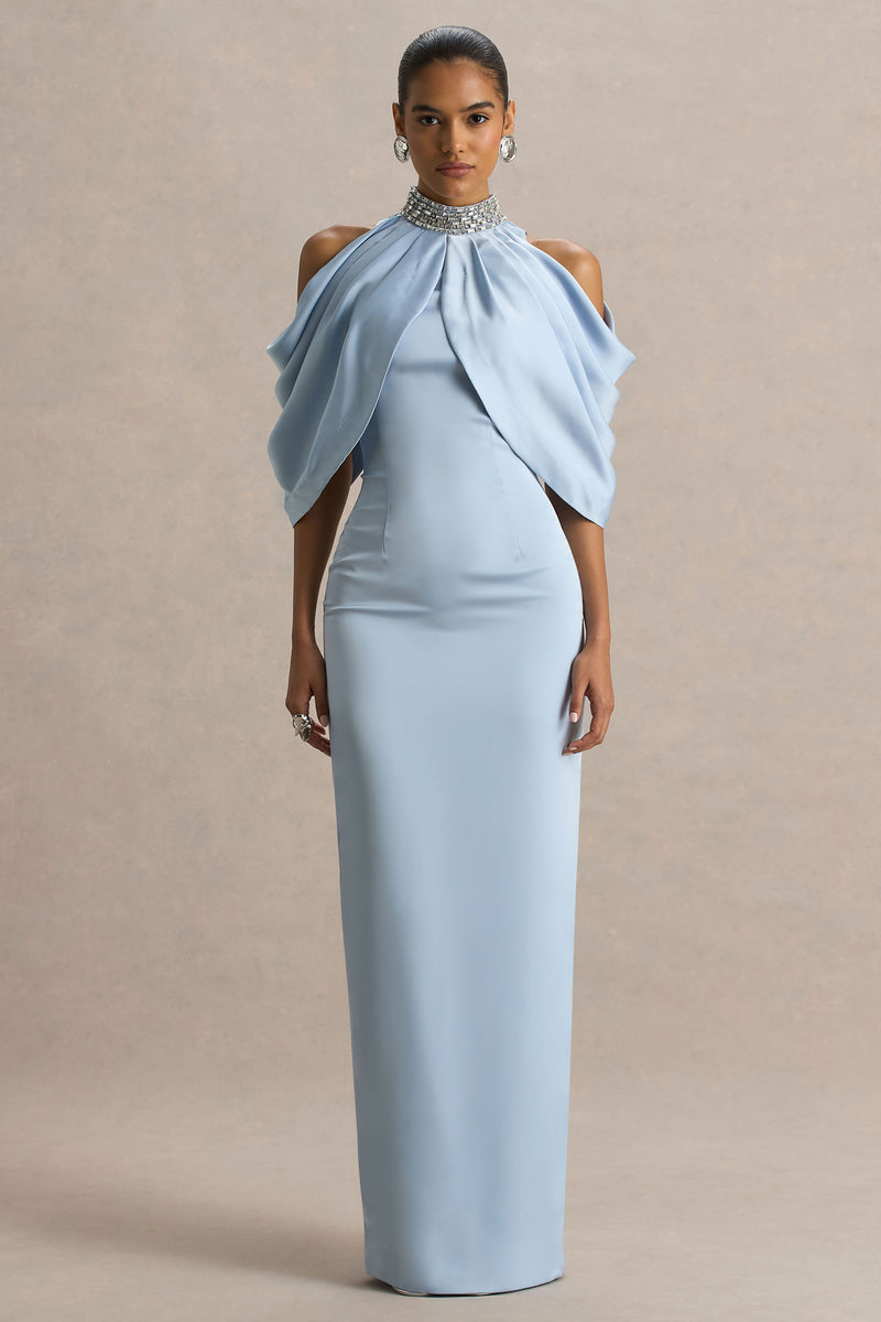 Sulliana Powder Blue Satin High-Neck Maxi Dress With Embellished Det ...