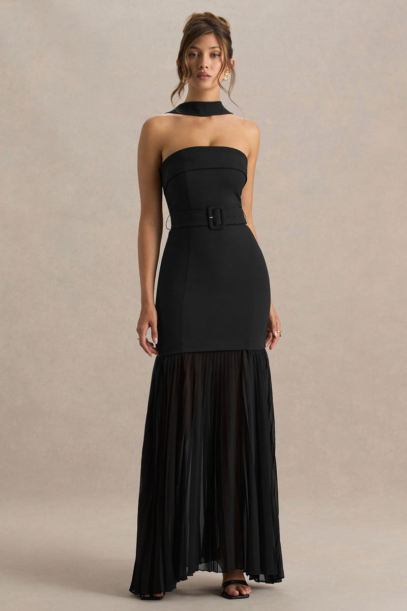 Jaquetta Black Belted Maxi Dress With Pleated Chiffon Skirt – Club L ...