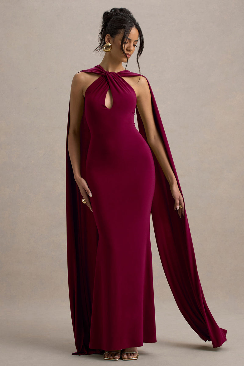Rhoda Burgundy Twist Halter-Neck Cape Maxi Dress – Club L London - AUS