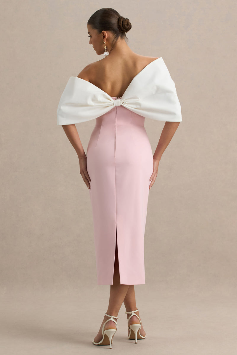 Lucille Rose & Pink Asymmetric Bardot Midi Dress With Bow Detail – Club ...