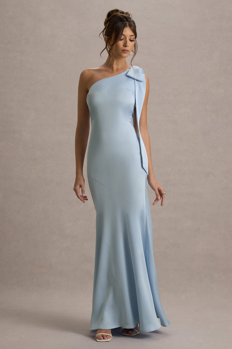 Here For Love Powder Blue Satin Asymmetric Maxi Dress With Bow – Club L ...