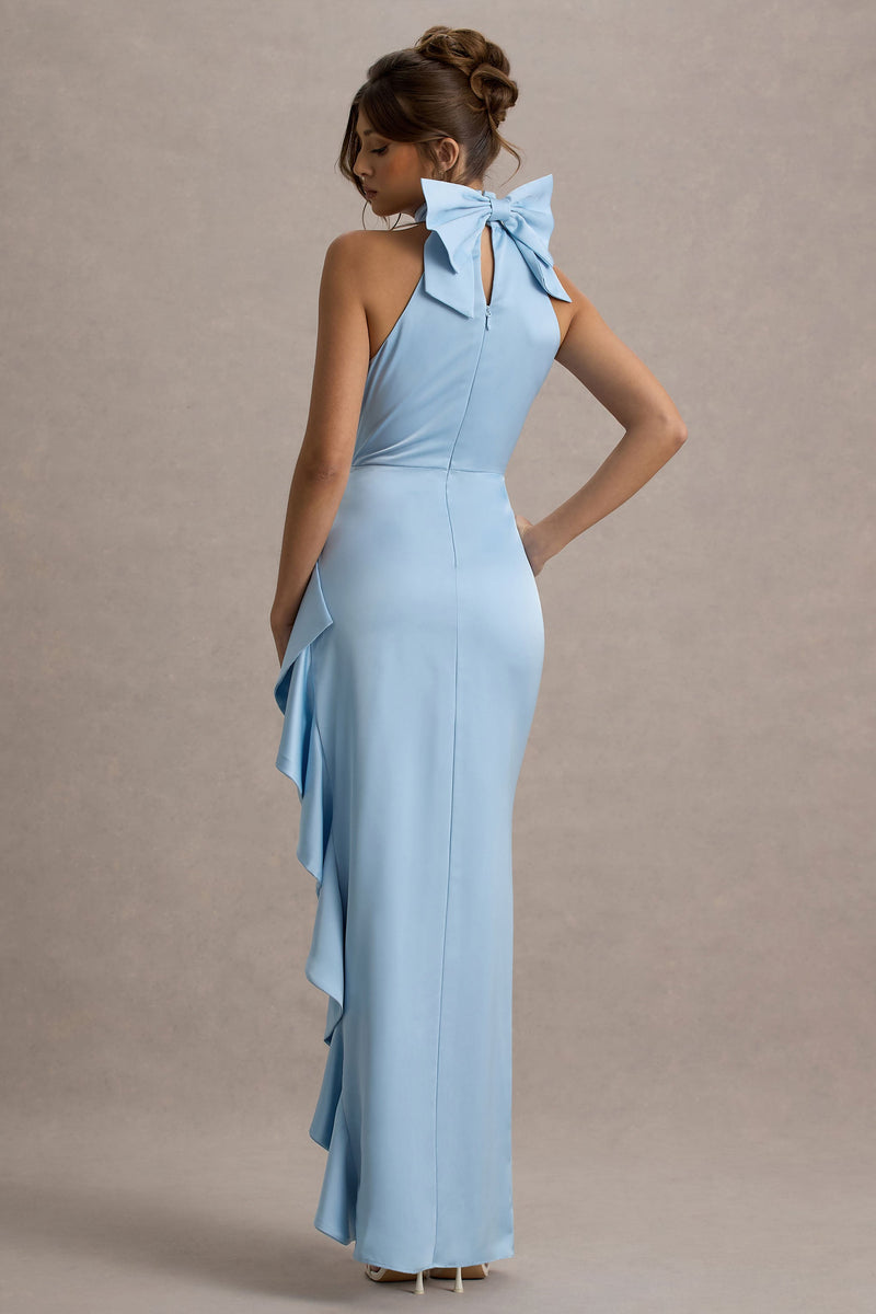 Maureen Powder Blue Satin High-Neck Draped Maxi Dress – Club L London - AUS